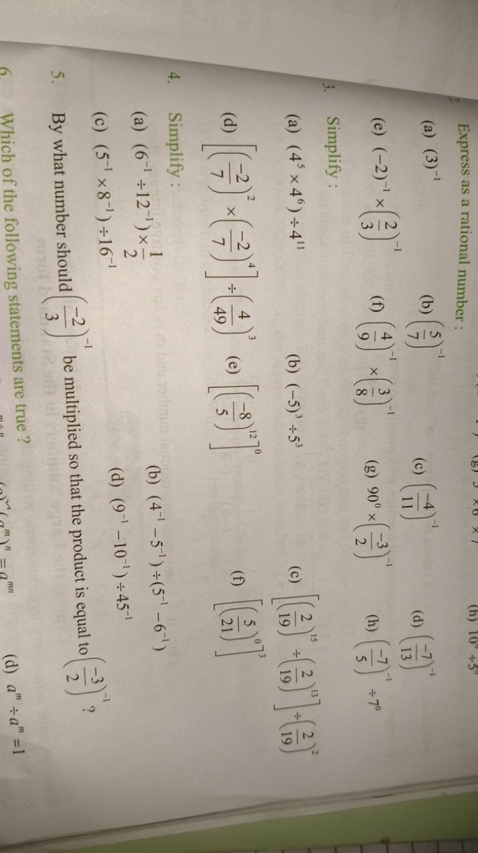 Simplify: (a) (4^5 \times 4^6) \div 4^{11} (b) (-5)^3 \div 5^3 (c) [(\fra..