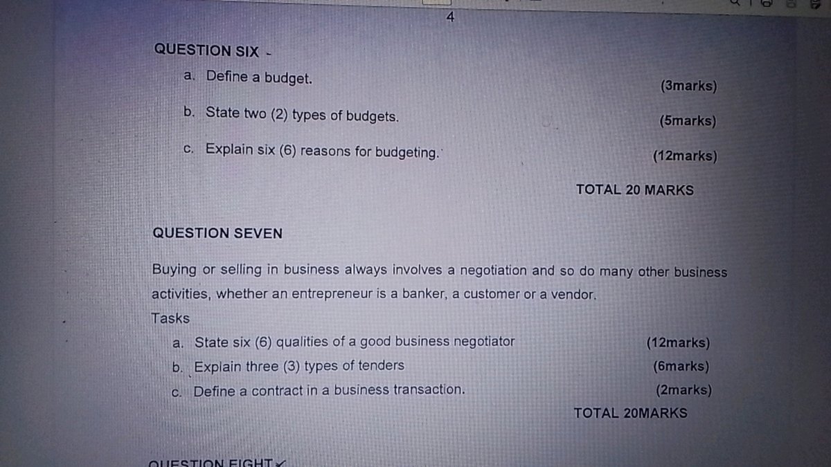 QUESTION SIX a. Define a budget. (3 marks) b. State two (2) types of budg..