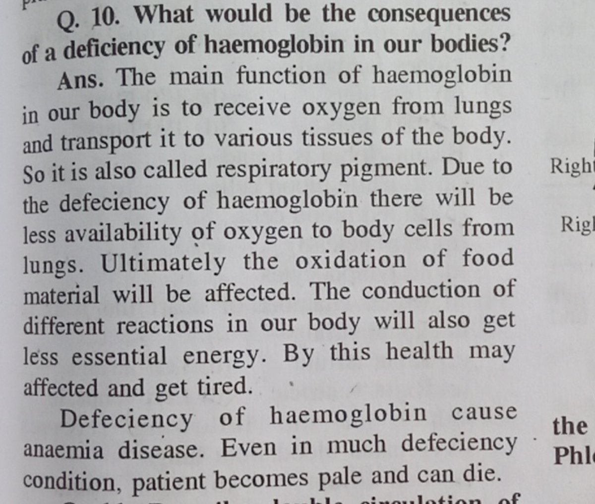 Q. 10. What would be the consequences of a deficiency of haemoglobin in o..