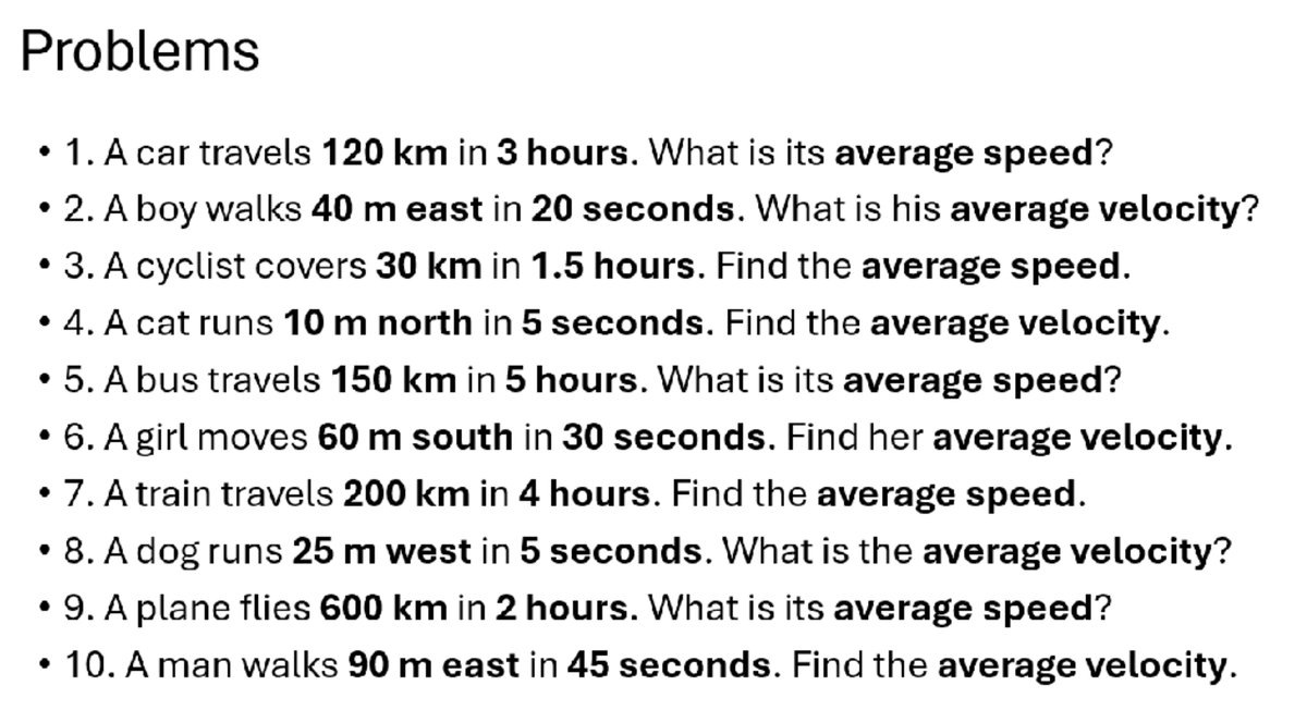 Problems A car travels 120 km in 3 hours. What is its average speed? A b..
