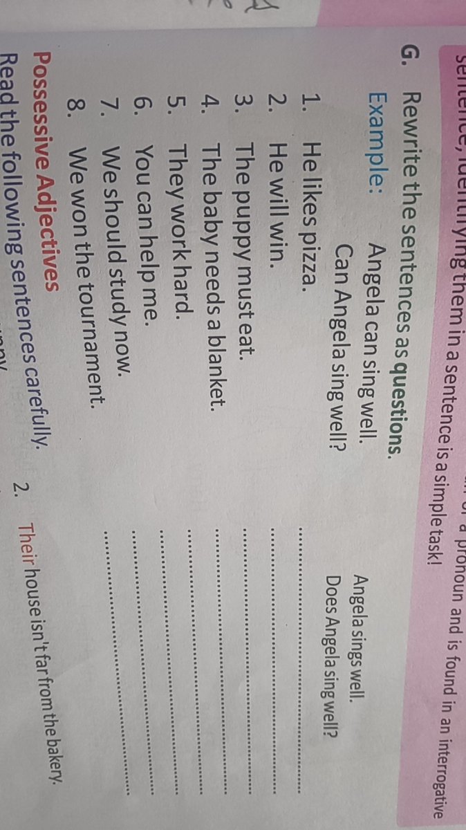 G. Rewrite the sentences as questions. Example: Angela can sing well. Ca..