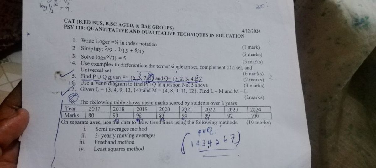 Here are the questions: Write Logox = ½ in index notation (1 mark) Simpl..