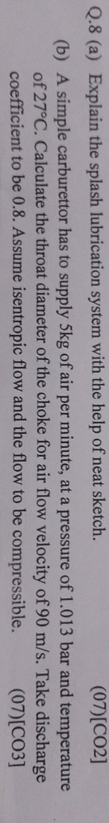 Q.8 (a) Explain the splash lubrication system with the help of neat sketc..