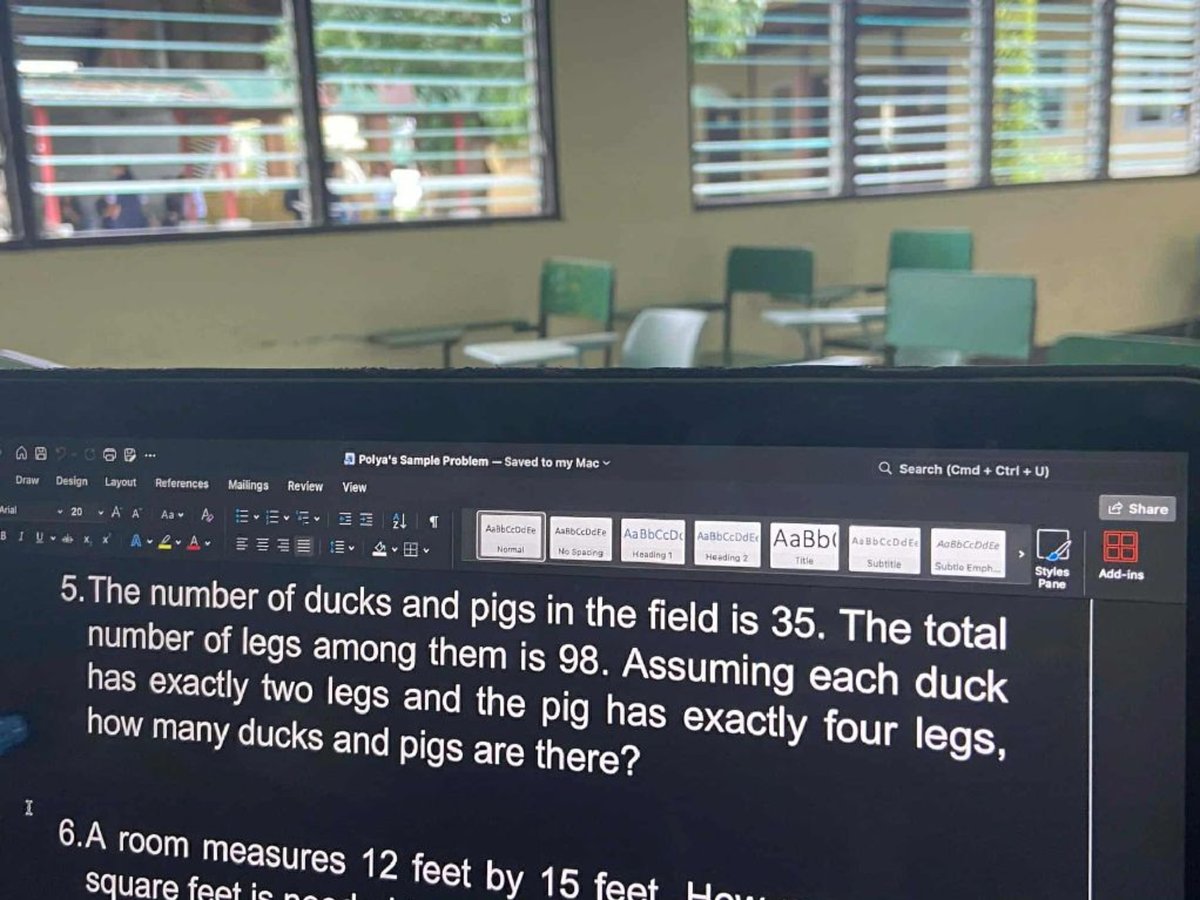 The number of ducks and pigs in the field is 35. The total number of legs..