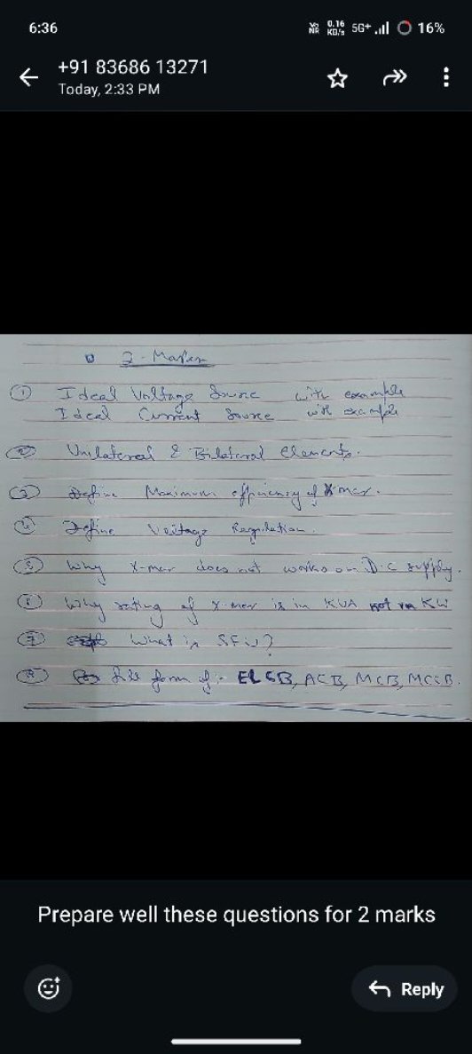 Here are some questions for 2 marks: Ideal Voltage Source with example.