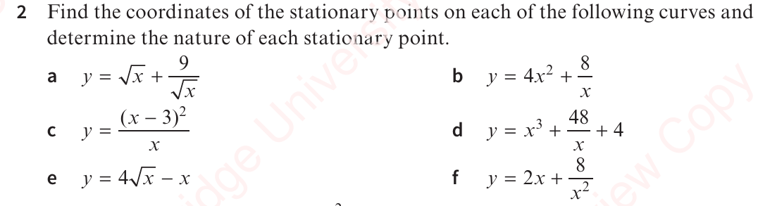 Find the coordinates of the stationary points on each of the following cu..