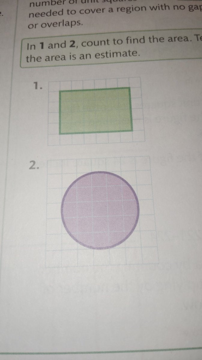 In 1 and 2, count to find the area. The area is an estimate. Image of a