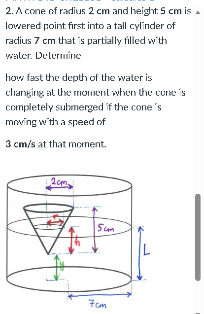 A cone of radius 2 cm and height 5 cm is lowered point first into a tall