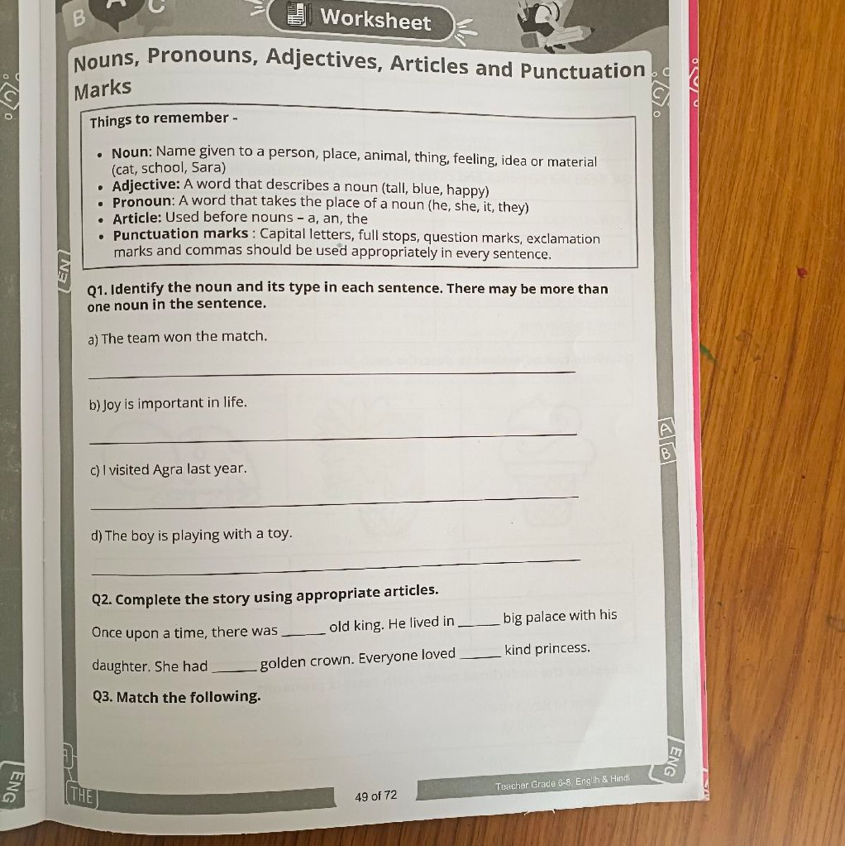 Nouns, Pronouns, Adjectives, Articles and Punctuation Marks Things to re..