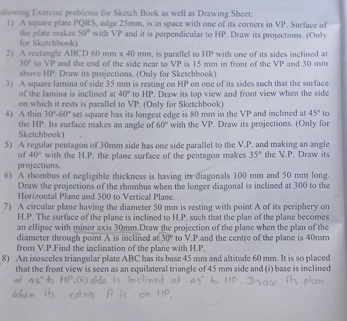 Following Exercise problems for Sketch Book as well as Drawing Sheet: 1)..