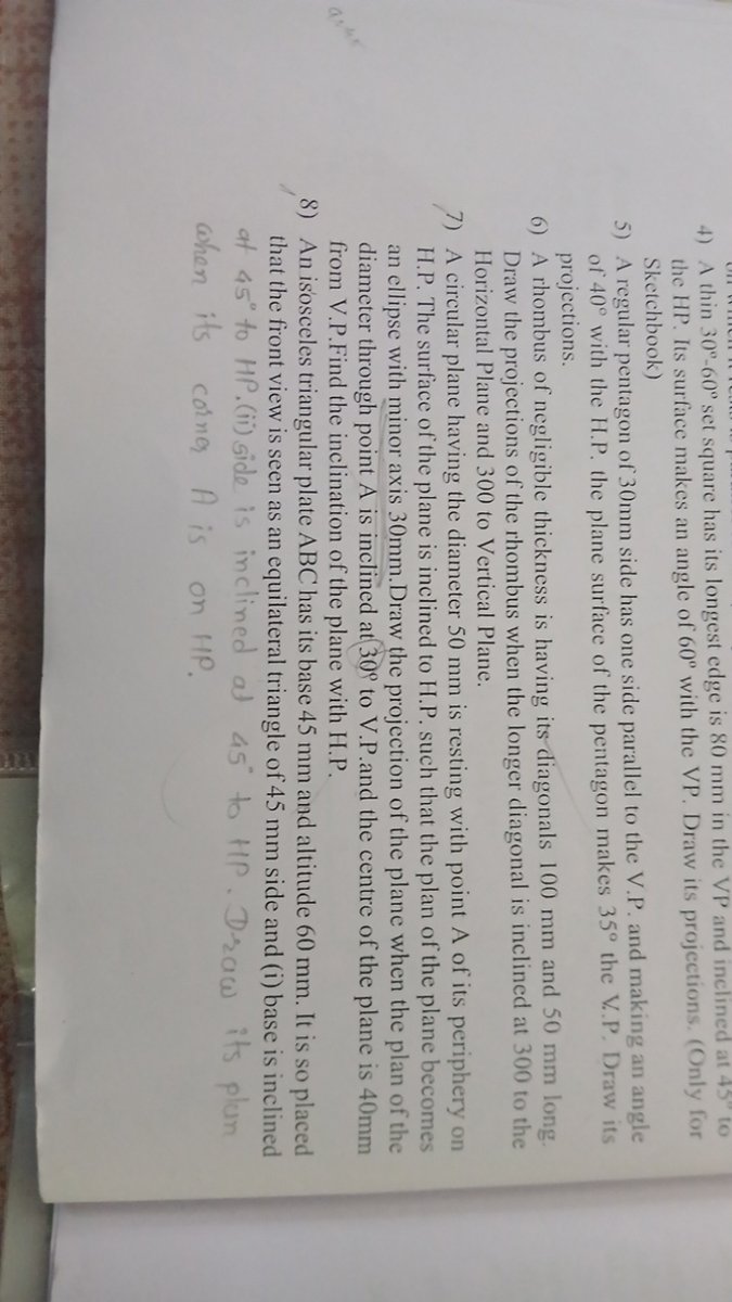Here are several problems related to engineering drawing: 4) A thin 30°-..