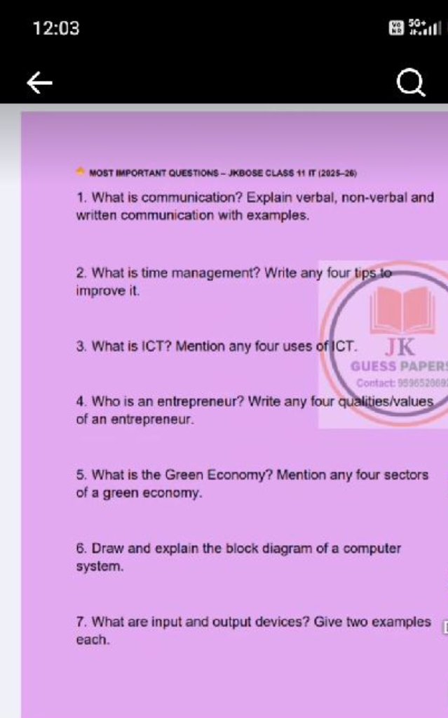 MOST IMPORTANT QUESTIONS - JKBOSE CLASS 11 IT (2025-26) What is communic..