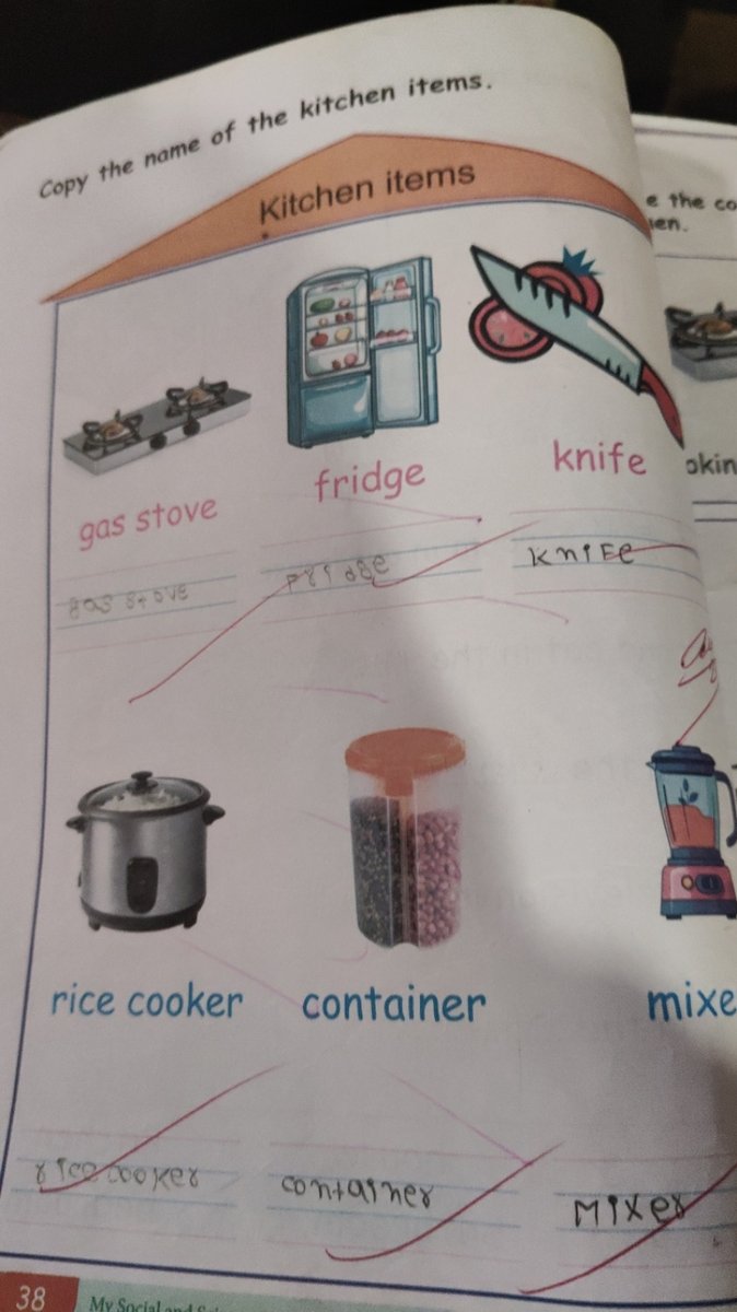 Copy the name of the kitchen items. Kitchen items gas stove fridge knif..