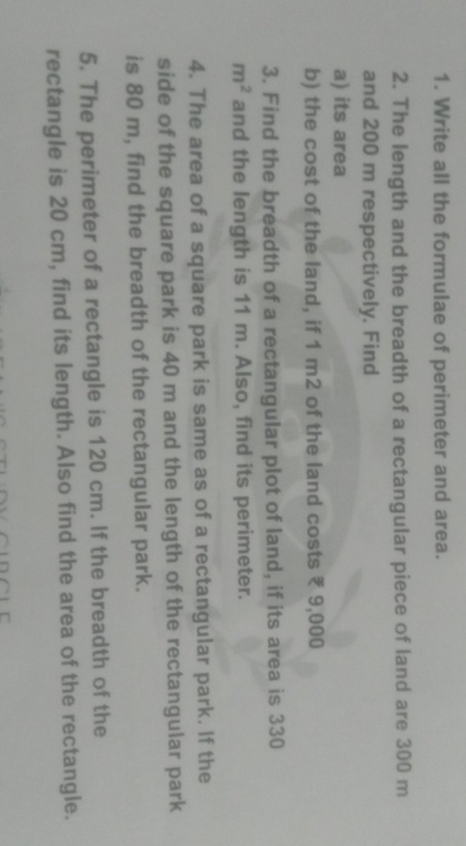 Write all the formulae of perimeter and area. The length and the breadth