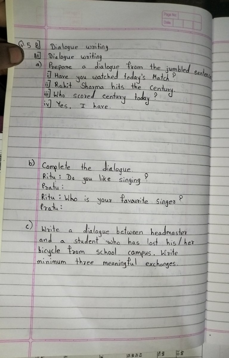Q.5 B] Dialogue writing a) Prepare a dialogue from the jumbled sentences..
