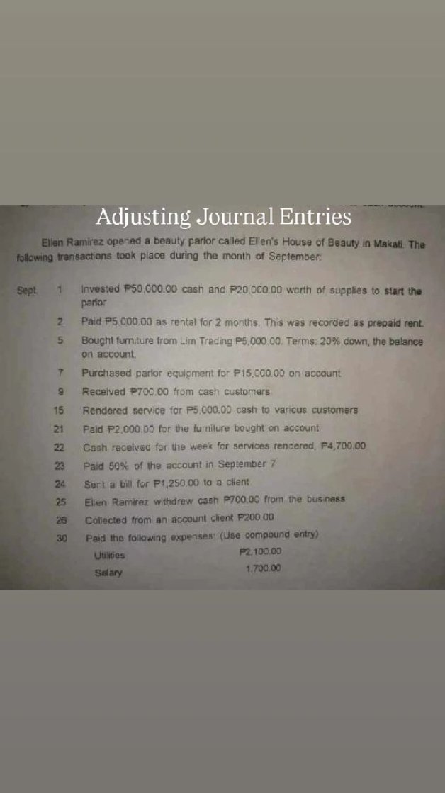Adjusting Journal Entries Ellen Ramirez opened a beauty parlor called El..