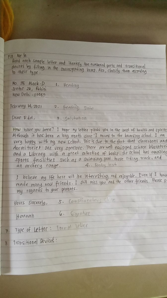 Read each sample letter and identify the numbered parts and transitional