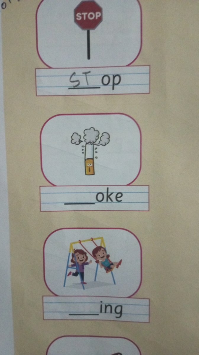 The image shows three incomplete words with corresponding pictures. The t..