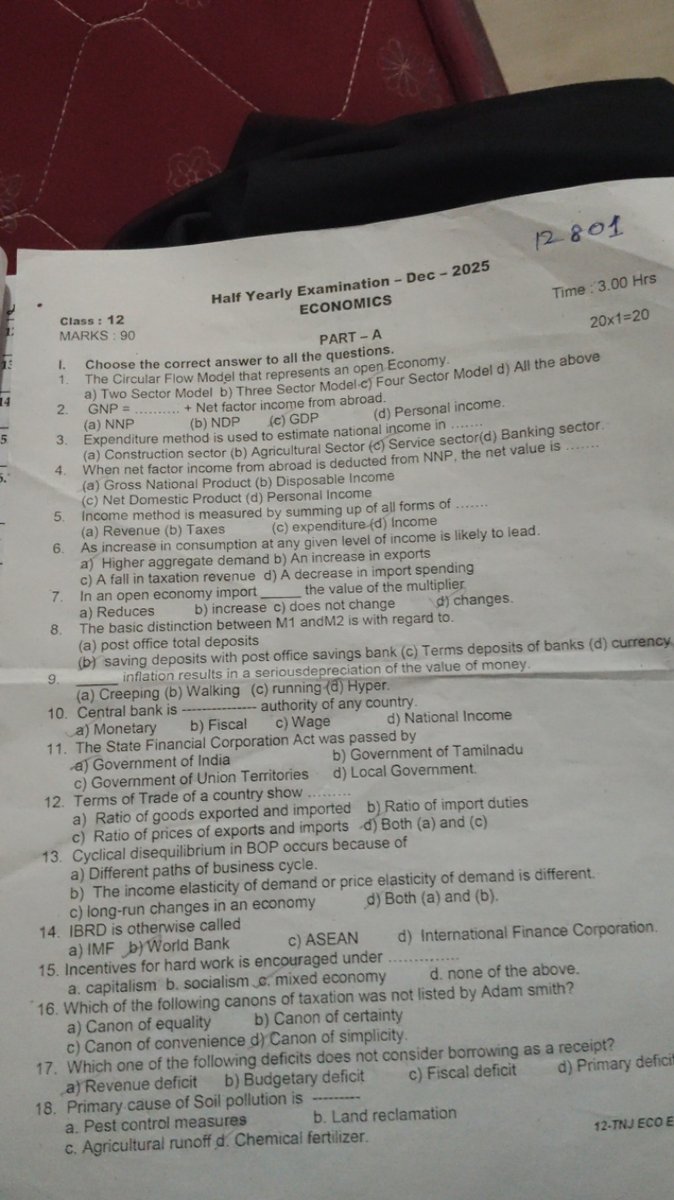 Half Yearly Examination - Dec - 2025 ECONOMICS PART - A Choose the correc..