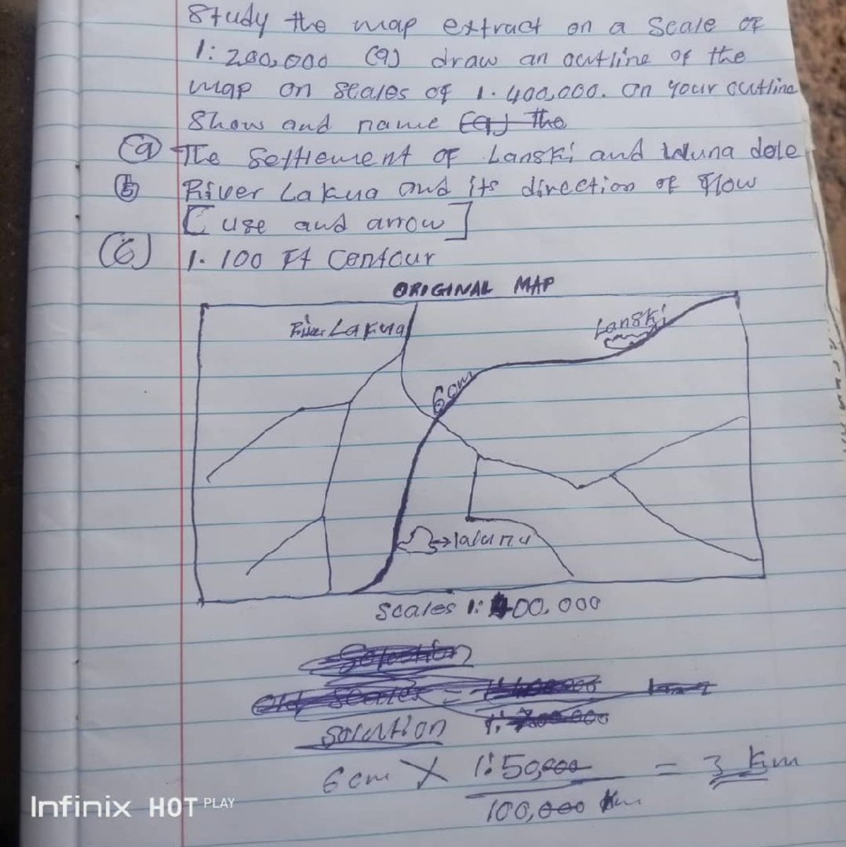Study the map extract on a scale of 1:200,000. (a) Draw an outline of th..