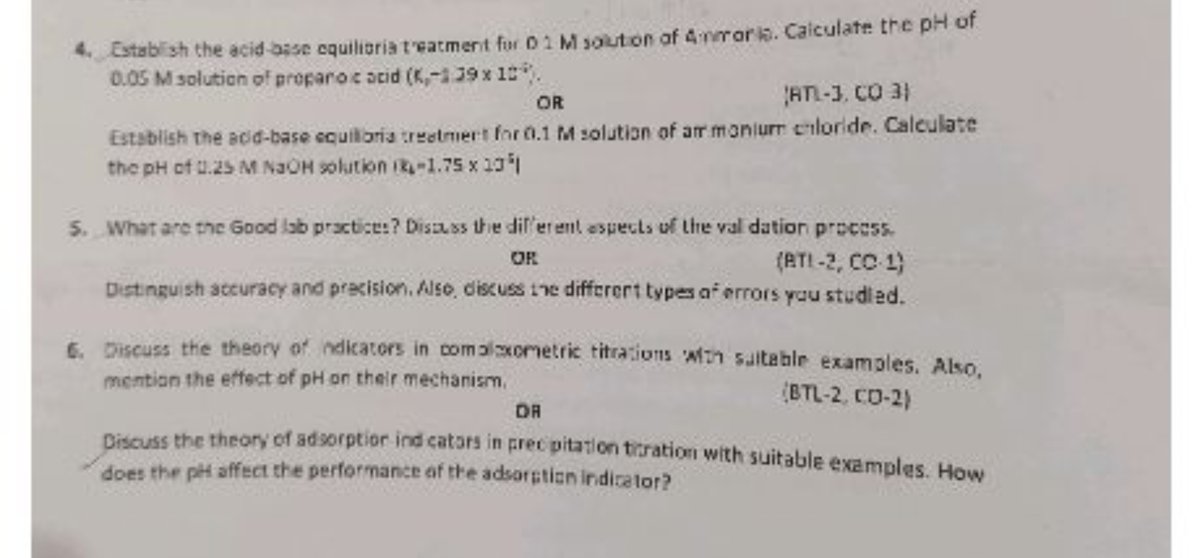 Establish the acid-base equilibria treatment for 0.1 M solution of Ammoni..