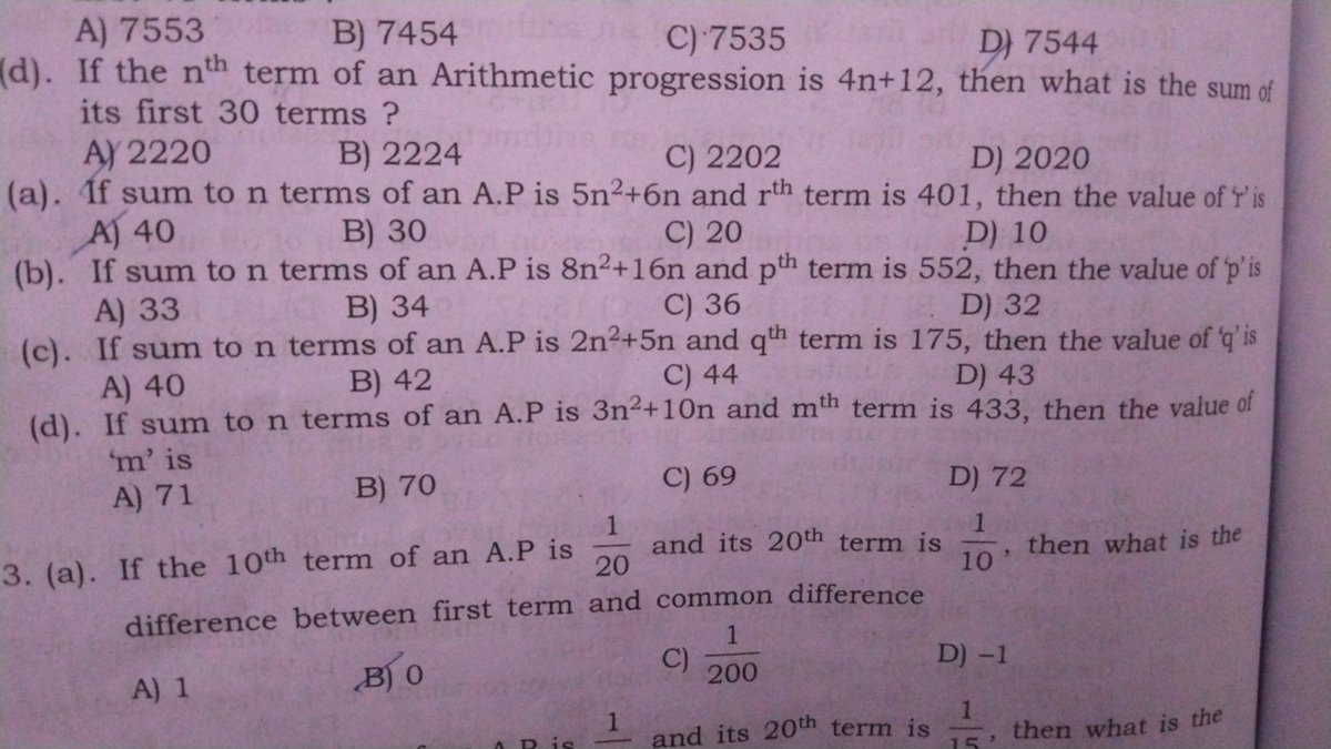 (d). If the nth term of an Arithmetic progression is 4n+12, then what is