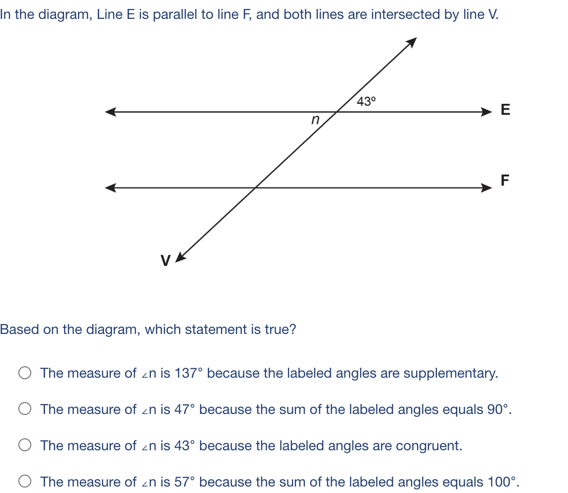 In the diagram, Line E is parallel to line F, and both lines are intersec..