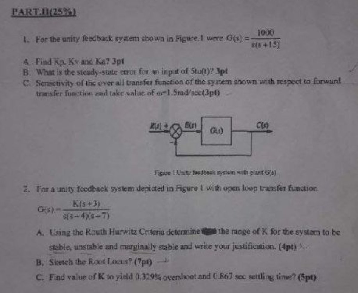 PART II (25%) For the unity feedback system shown in Figure 1, where G(s..