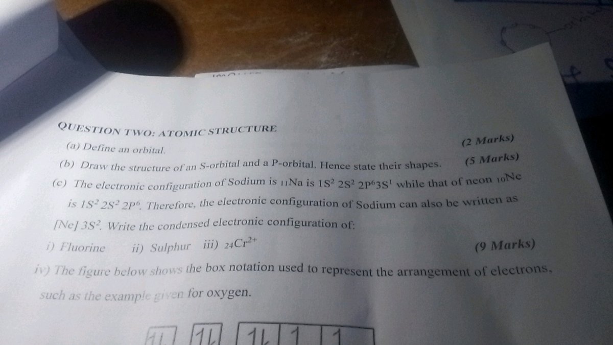 QUESTION TWO: ATOMIC STRUCTURE (a) Define an orbital. (2 Marks) (b) Dra..
