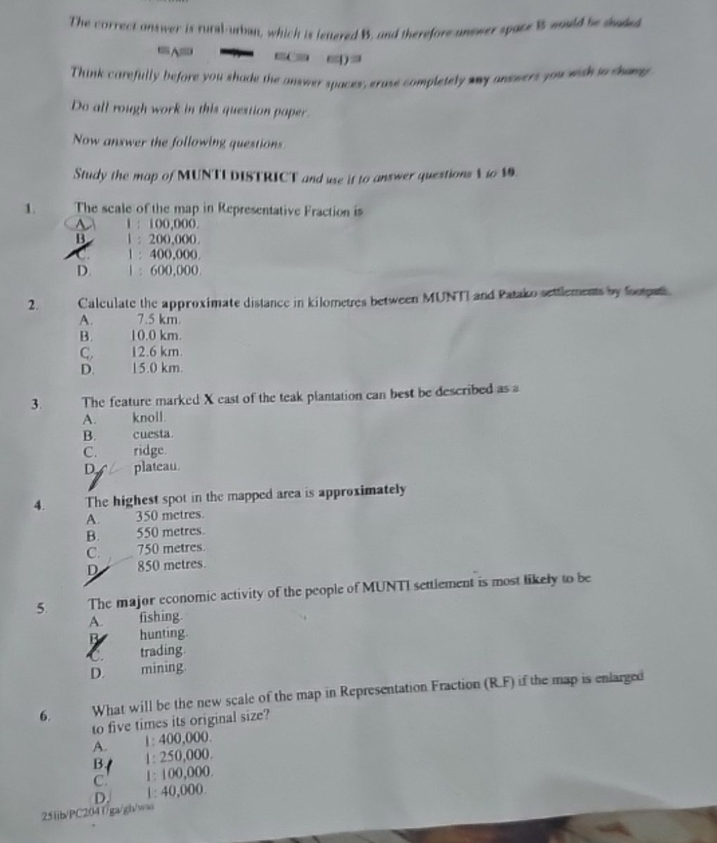 Study the map of MUNTI DISTRICT and use it to answer questions 1 to 10.