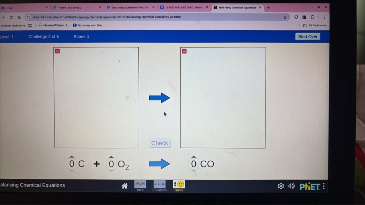 The image shows a screenshot of a 'Balancing Chemical Equations' simulati..