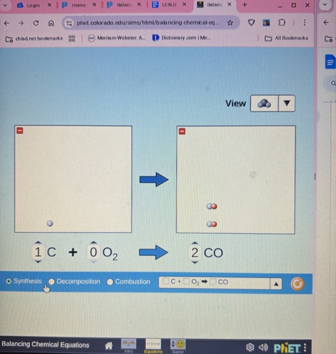 The image shows a simulation for balancing chemical equations. The reacti..