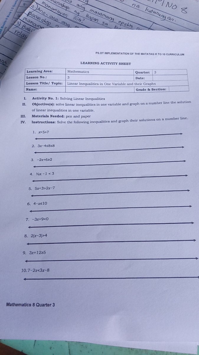 PILOT IMPLEMENTATION OF THE MATATAG K TO 10 CURRICULUM LEARNING ACTIVITY..