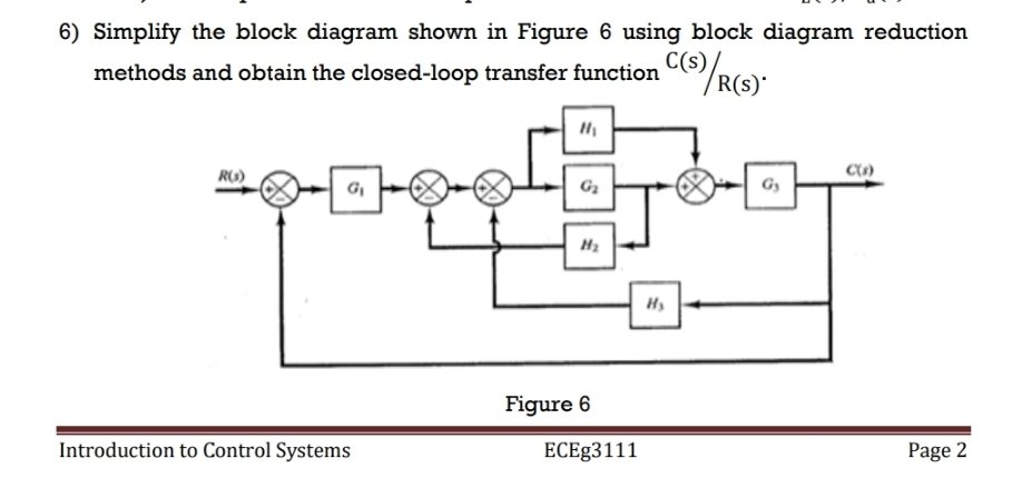 Simplify the block diagram shown in Figure 6 using block diagram reductio..