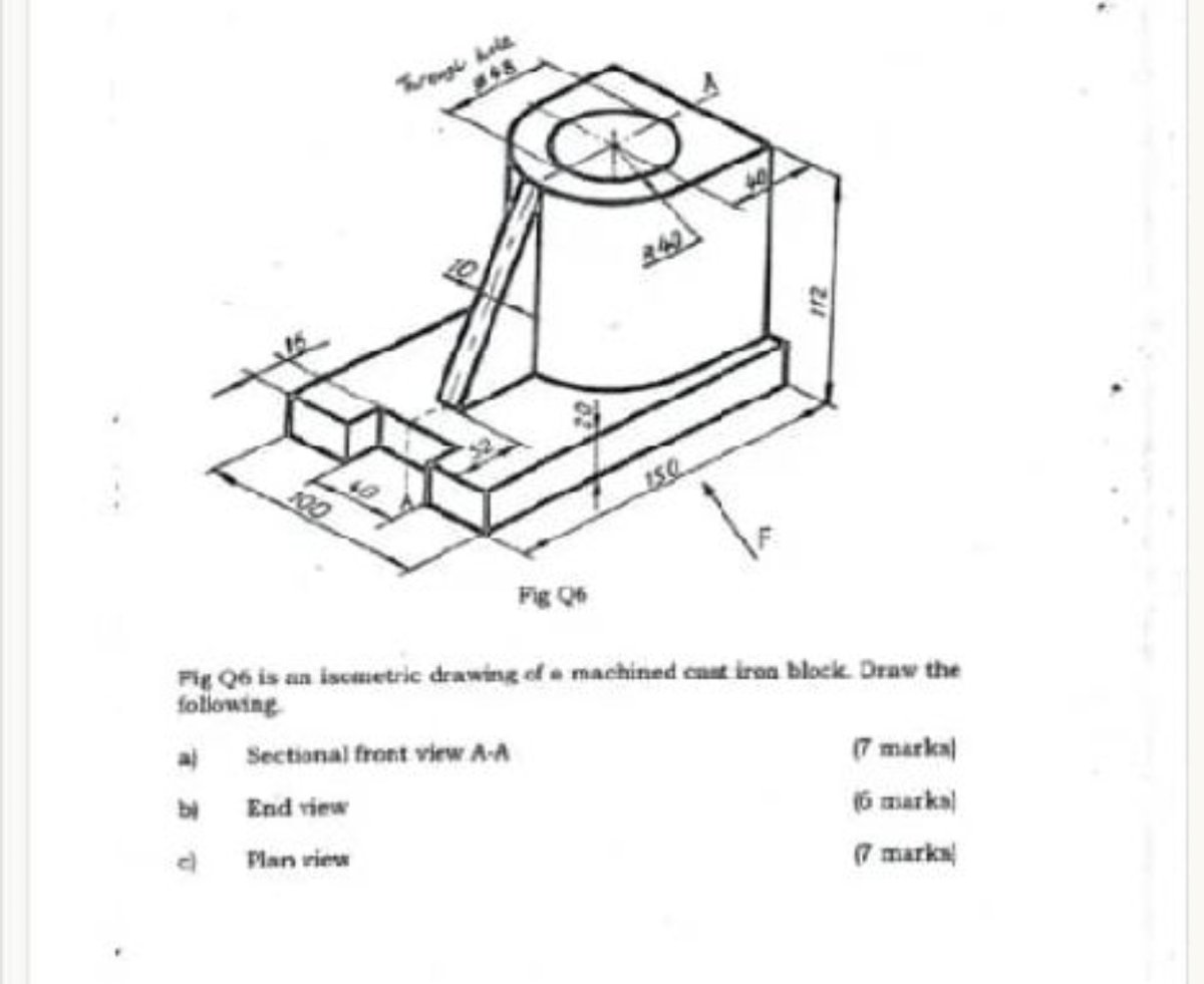 Fig Q6 is an isometric drawing of a machined cast iron block. Draw the fo..