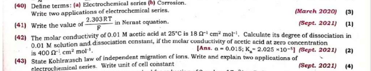 Here are a few questions related to Electrochemistry: (40) Define terms:..