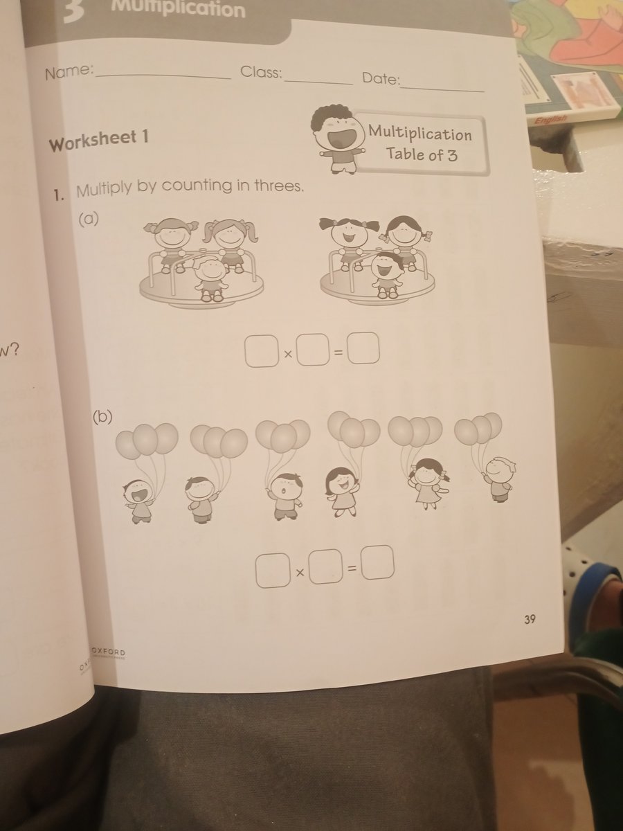 Worksheet 1 Multiply by counting in threes. (a) [Image of two merry-go-..