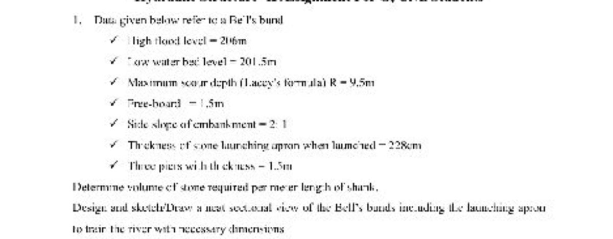 Data given below refer to a Bell's bund: High flood level = 206m