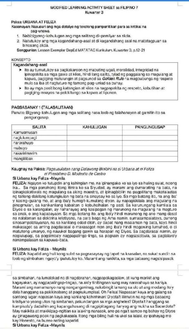 MODIFIED LEARNING ACTIVITY SHEET sa FILIPINO 7 Kuwarter 3 Paksa: URBANA