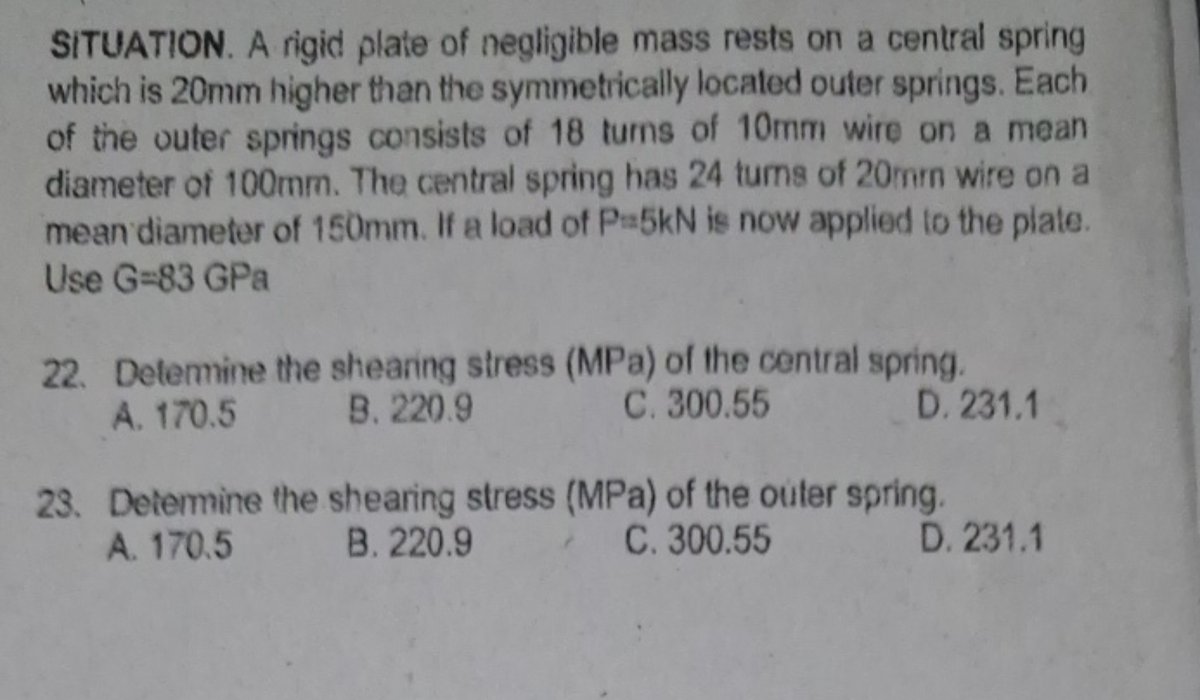 SITUATION. A rigid plate of negligible mass rests on a central spring whi..
