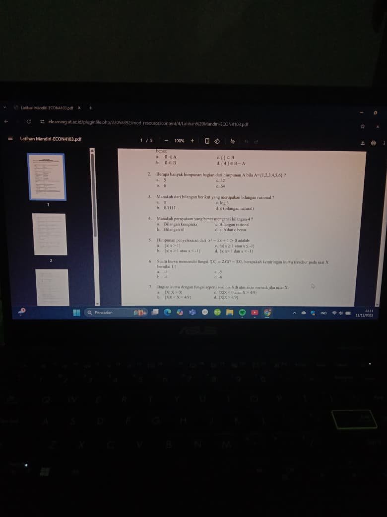 Benar atau salah: a. 0 \in A b. 0 \subset B c. () \subset B d. {4} \in B-..