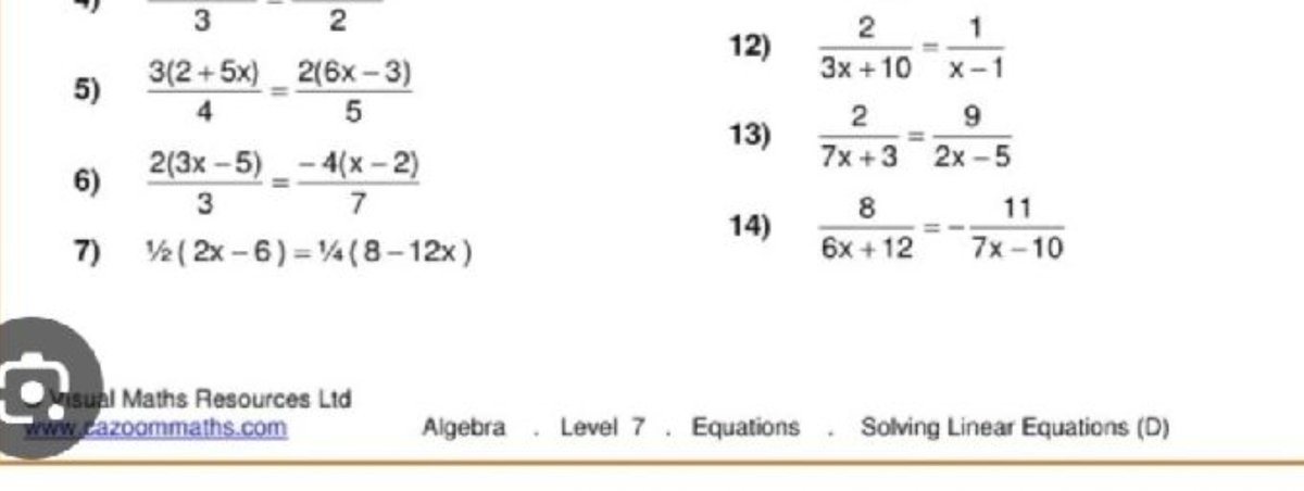 Solve the following linear equations: 5) \frac{3(2+5x)}{4}=\frac{2(6x-3)..