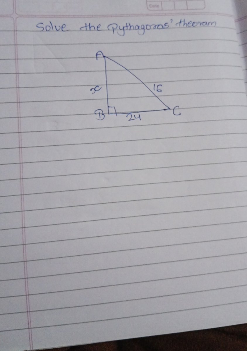 Solve the Pythagoras' theorem for the given right-angled triangle where t..