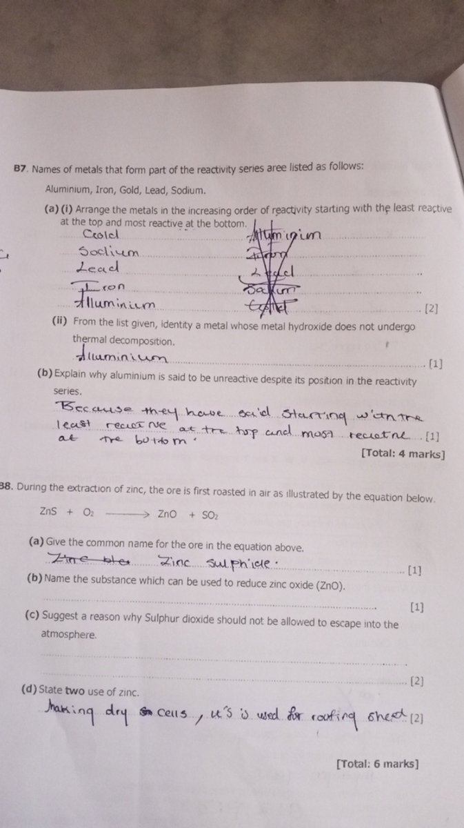 B7. Names of metals that form part of the reactivity series are listed as..