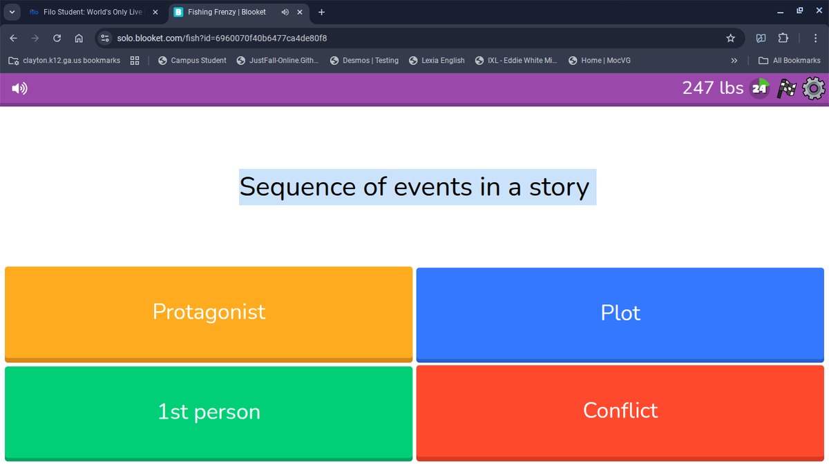 Sequence of events in a story A. Protagonist B. Plot C. 1st person D. Co..