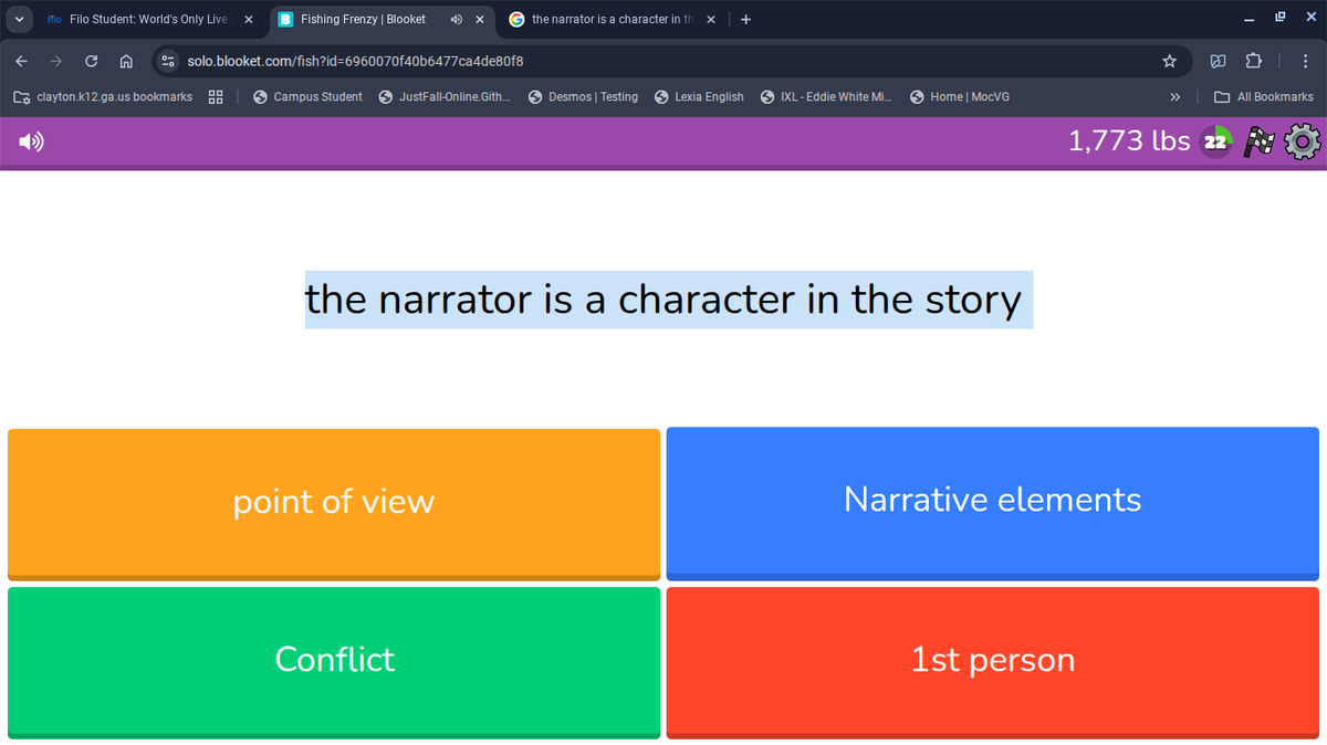 The narrator is a character in the story. Options: point of view Narrati..