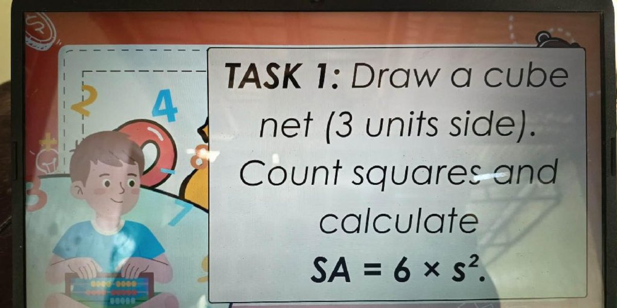 TASK 1: Draw a cube net (3 units side). Count squares and calculate SA