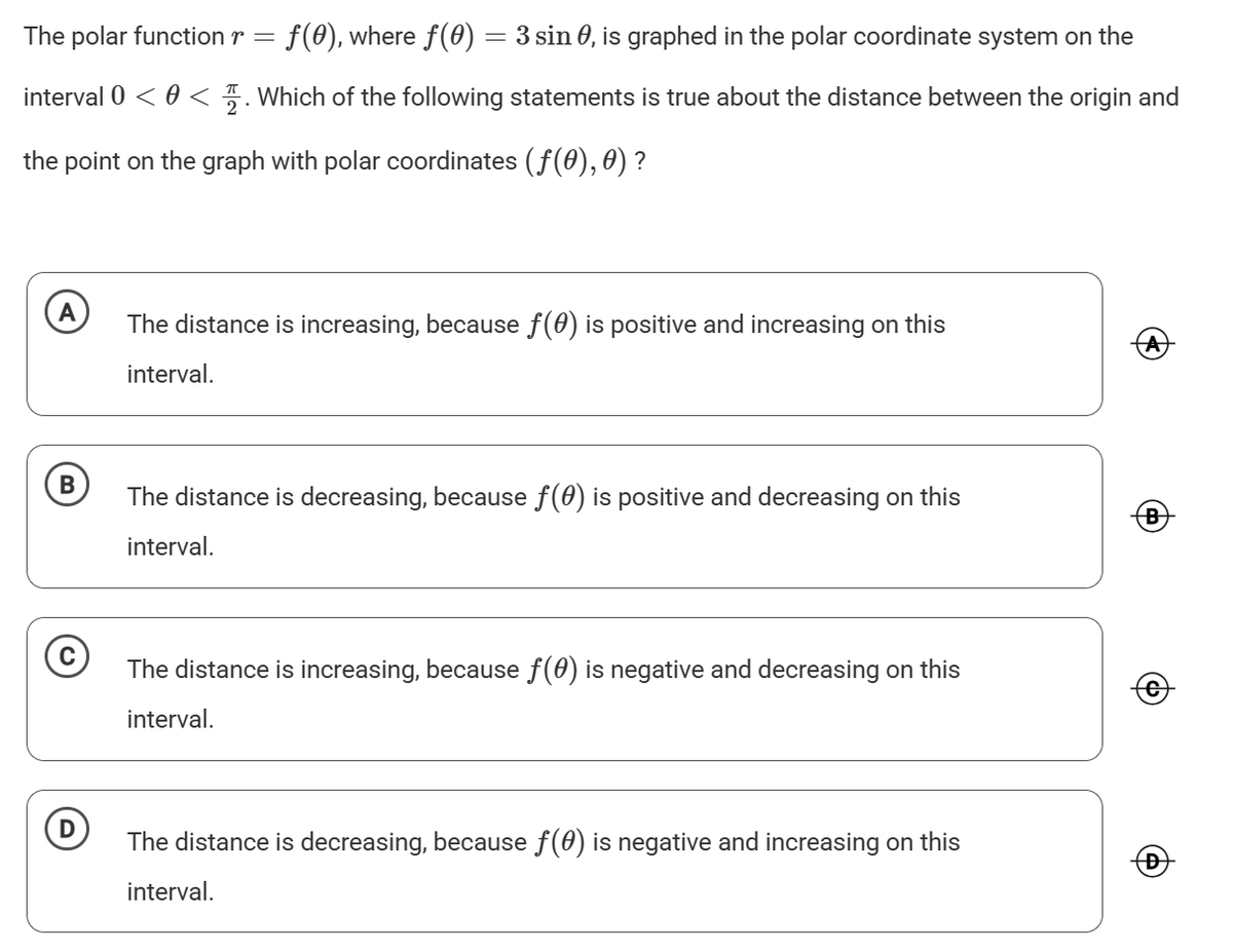 The polar function r = f(\theta), where f(\theta) = 3 \sin \theta, is gra..