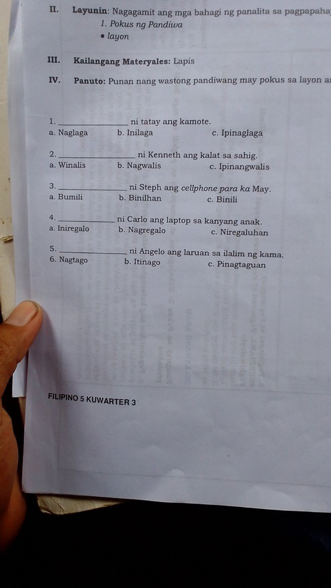 II. Layunin: Nagagamit ang mga bahagi ng panalita sa pagpapahayag Pokus n..
