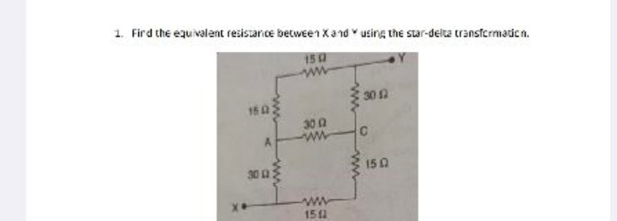 Find the equivalent resistance between X and Y using the star-delta trans..